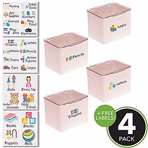 mDesign Plastic Stackable Storage Organizer Toy Box with Lid for Action Figures, Crayons, Markers, Building Blocks, Puzzles, Craft or School Supplies - Pack of 4, Includes 32 Labels - Light Pink/Clear