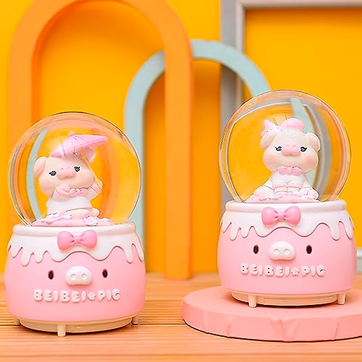 Pink Pig Snow Globe Music Box, 80mm Resin/Glass Water Globe with Color Changing LED Lights for Wife Daughter Girlfriend Mom Granddaughter Anniversary Christmas Birthday Gift (2187-B)