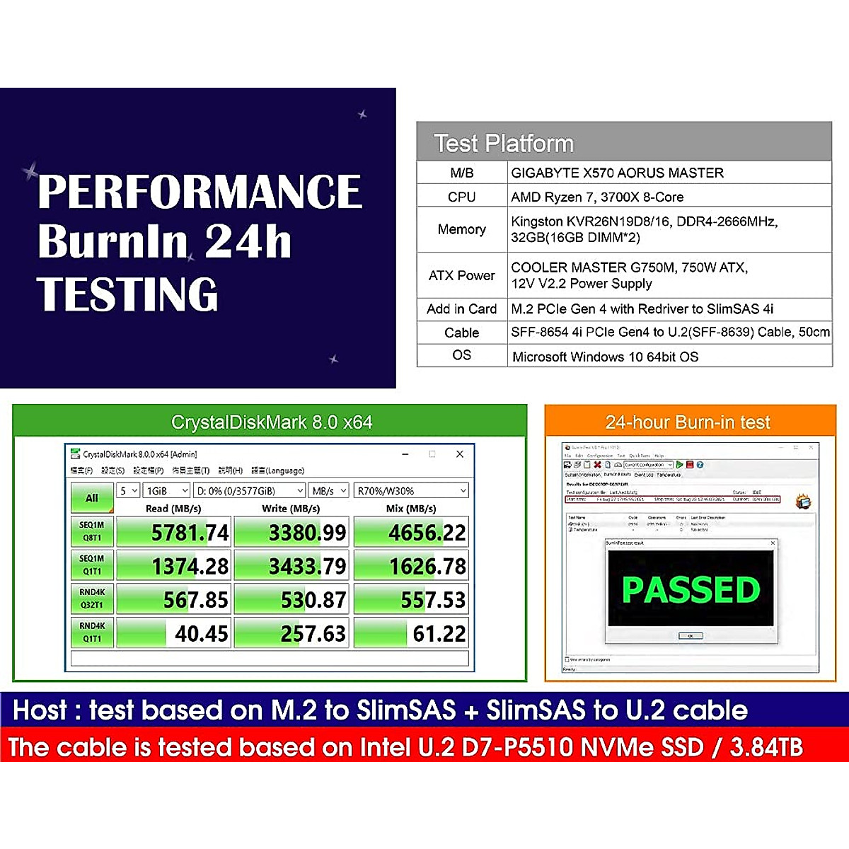 Micro SATA Cables|M.2 M-Key PCIe Gen4 to SlimSAS 4i (SFF-8654) Adapter with ReDriver for High-Speed Data Transfer