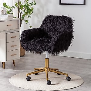 Goujxcy Fluffy Desk Chair, Faux Fur Swivel Home Office Chair Height Adjustable Vanity Accent Chair for Girls Women, Modern Cute Furry Makeup Chairs for Bedroom Living Room, Black