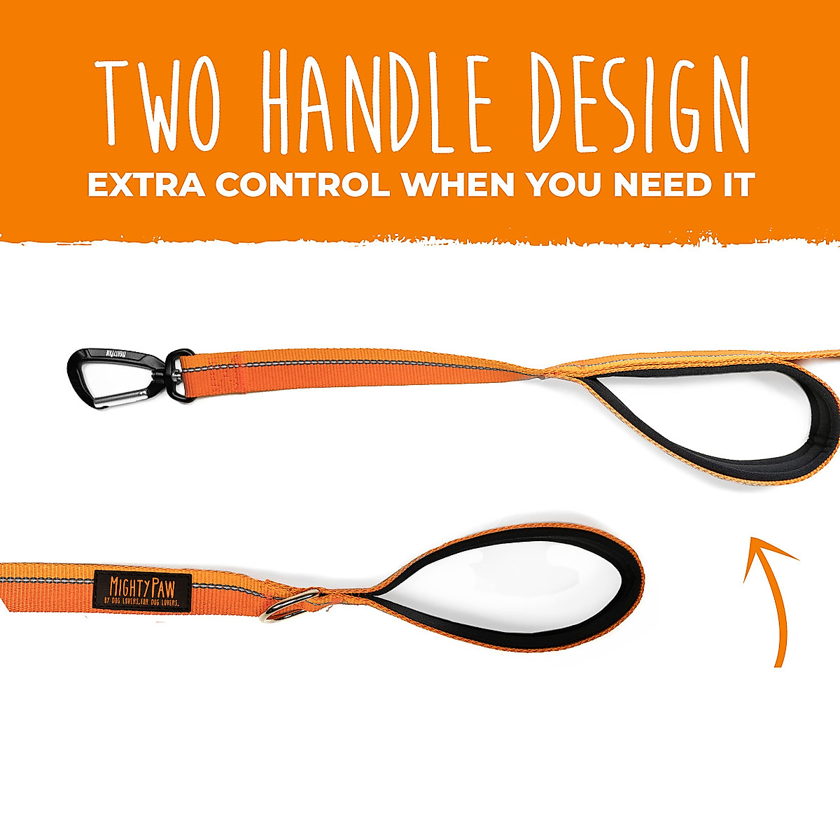 Mighty Paw Two Handle Dog Leash - Extra Control When You Need - Strong Climbers Carabiner - Super Soft Neoprene Padded Handles for Ultimate Comfort - Easy & Convenient - Reflective Stitching - Orange