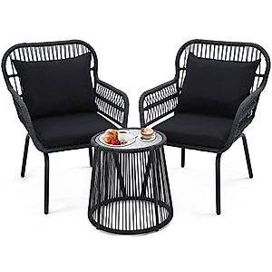 wildformers 3 Pieces Rattan Wicker Bistro Set, Outdoor Conversation Set, Wicker Furniture Set with Glass Top Table, Space Saving for Balcony, Backyard, Black