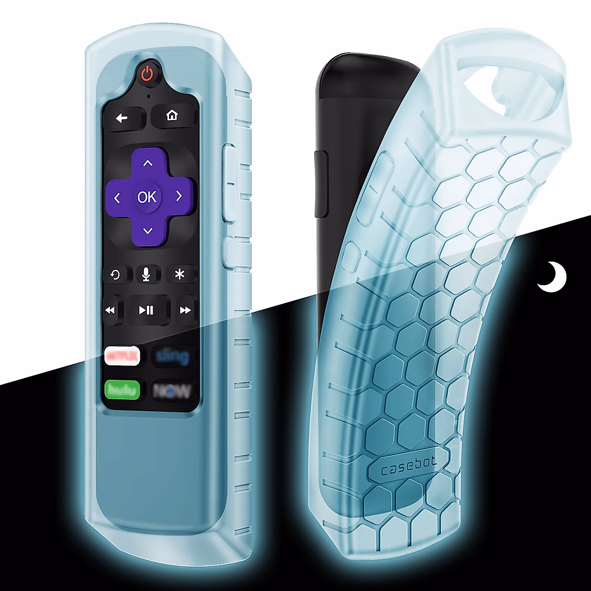 CaseBot Remote Case for Roku Voice, Express HD / 4K+, Ultra LT Enhanced Voice, Express 3930, Premiere+ 3921, Streaming Stick+ Remote, Honey Comb Anti Slip Shockproof Silicone Cover, Blue Glow