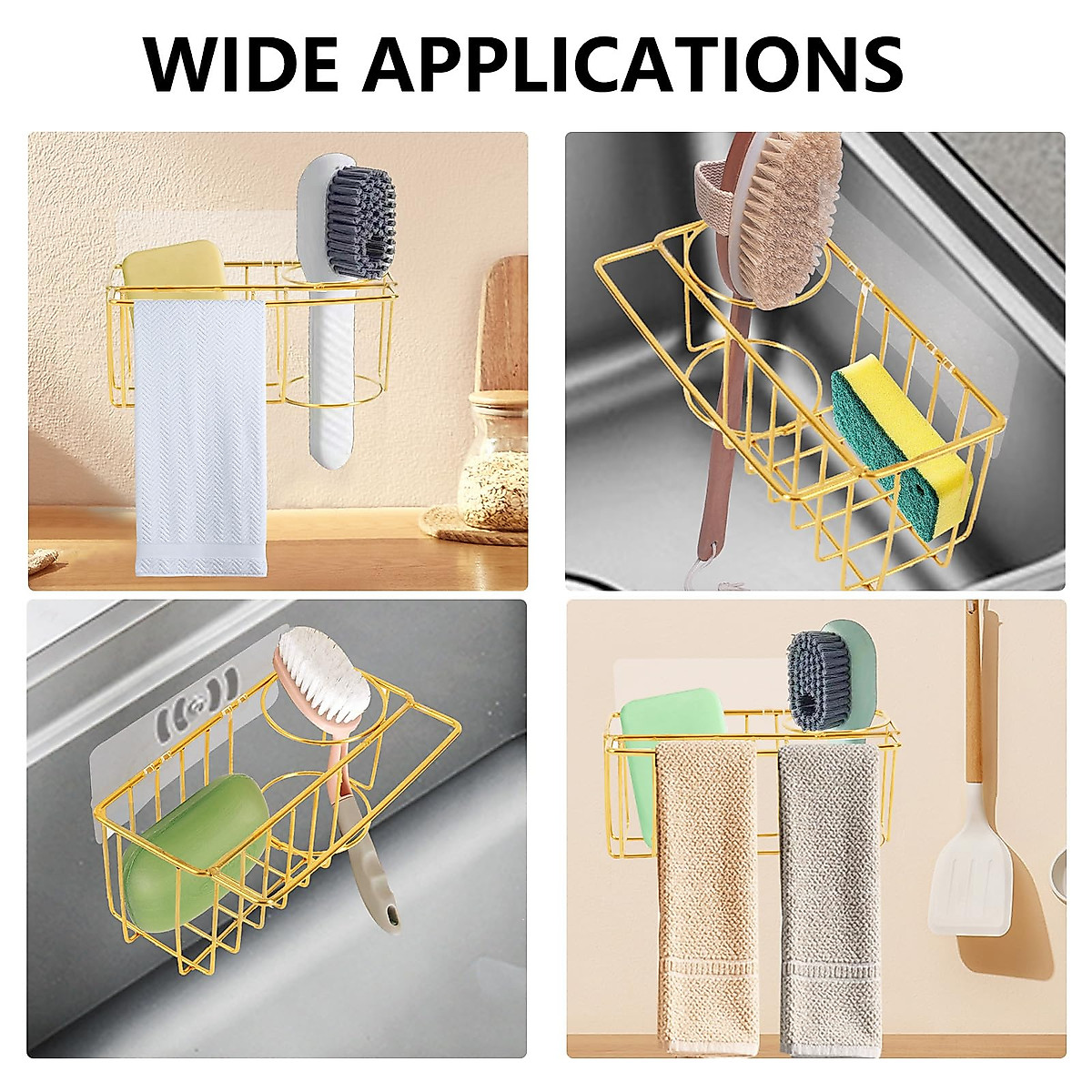 blueden 3-in-1 Adhesive Sink Caddy Kitchen Sink Organizer,Stainless Steel Sponge and Brush Holder for Kitchen Sink,Suitable for Sponges,Dish Cloth,Scrubbers, Soap, Kitchen, Bathroom.Gold