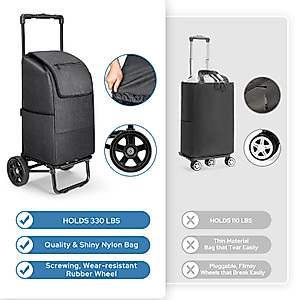 KEDSUM 2 in 1 Shopping Cart for Groceries, 330 lbs Luggage Cart, Portable Utility Shopping Cart with Wheels, Heavy Duty Grocery Cart, Dolly with a Black Removable Waterproof Bag for Moving, Camping