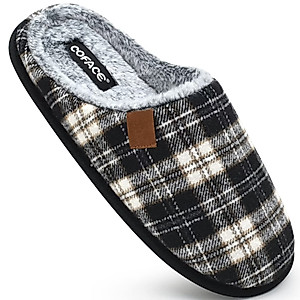 COFACE Mens Womens Black White Flano Plaid Cozy Memory Foam Scuff Slippers Slip On Warm House Shoes Indoor/Outdoor With Best Arch Support