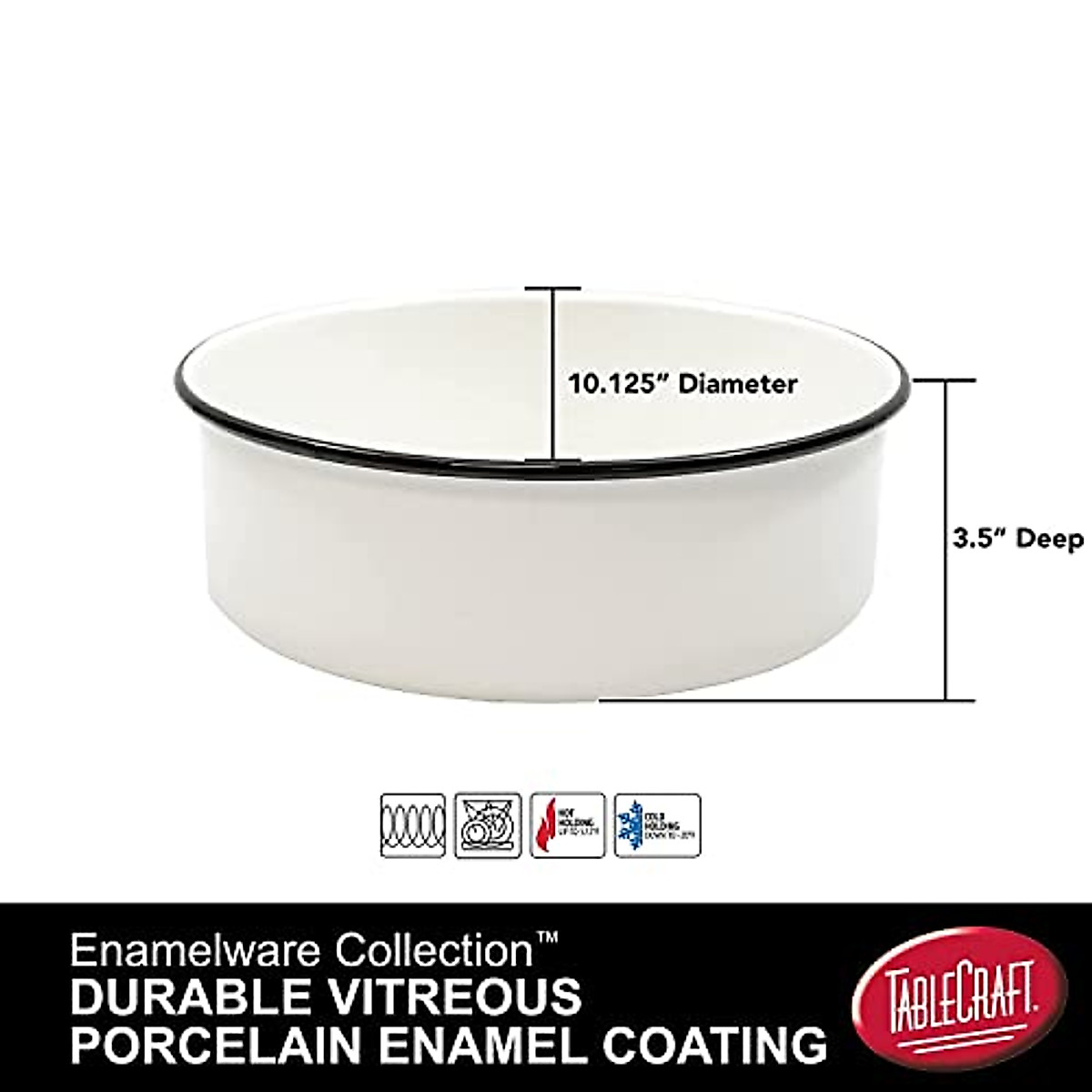 TableCraft Products Enamelware Collection Black Rim Solid White Enamel Deep Bowl Baking Pan, Camping, Farmhouse, Porcelain Over Steel, Vintage, Boho, Retro, 10.13" Round, 3.6" Deep, Set of 4 (80017)