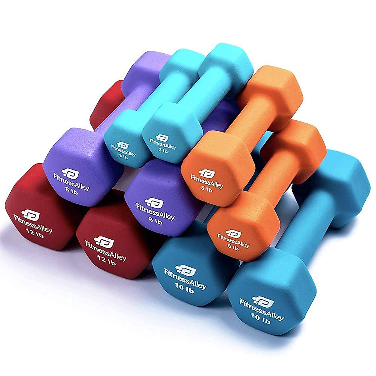 Fitness Alley Neoprene Dumbbell 5 Pairs 3LB, 5 LB, 8LB, 10LB, 12LB Dumbbells Coated for Non Slip Grip - Hex Dumbbells Weight Set - Neoprene Hand Weight Pairs - Hex Hand Weights Neoprene Dumbbells
