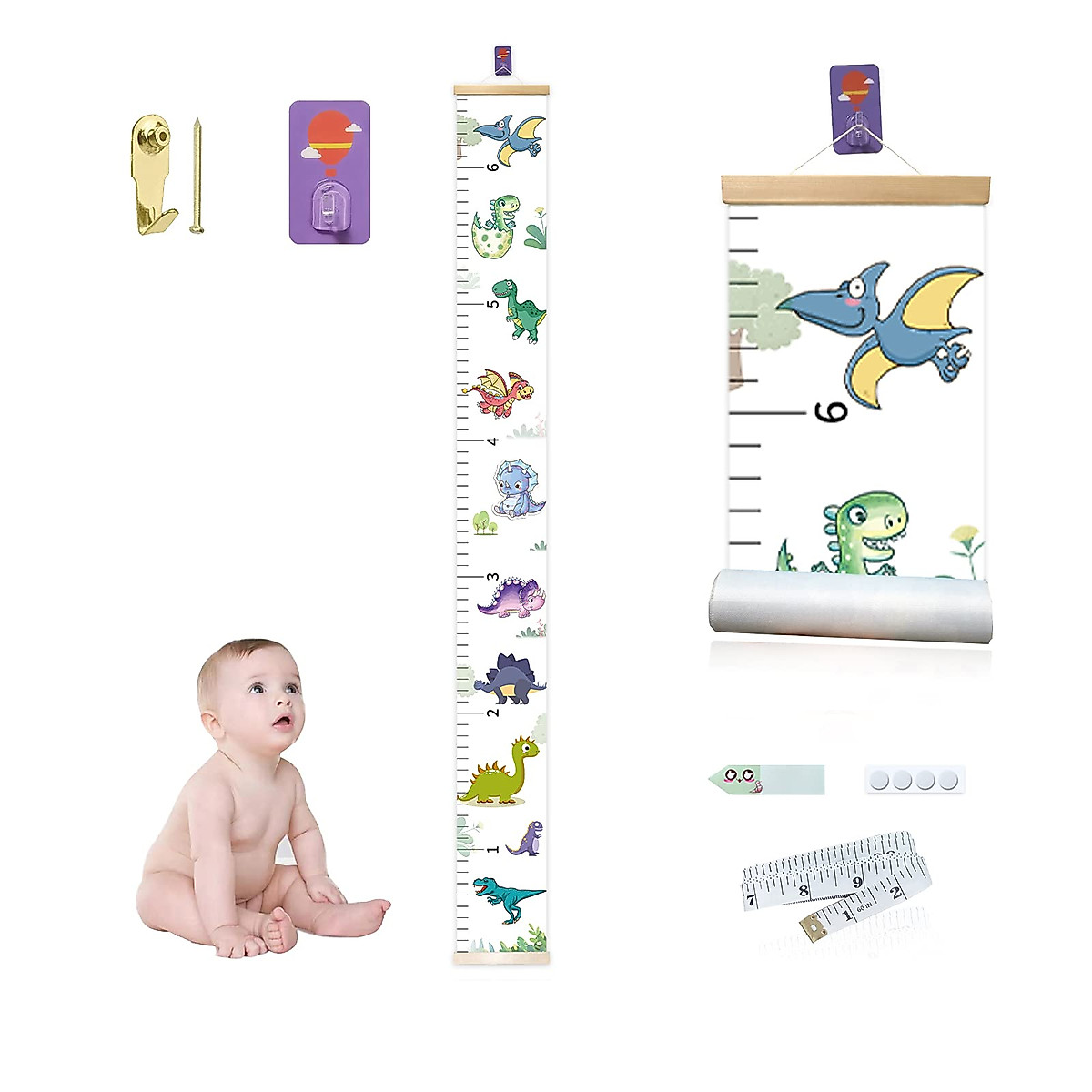 by Unbranded Growth Chart for Kids,Upgrade Removable Baby Growth Chart for Wall with Marker Stickers,Hooks,Canvas Height Measuring Rulers for Boys Girls (Dinosaur)