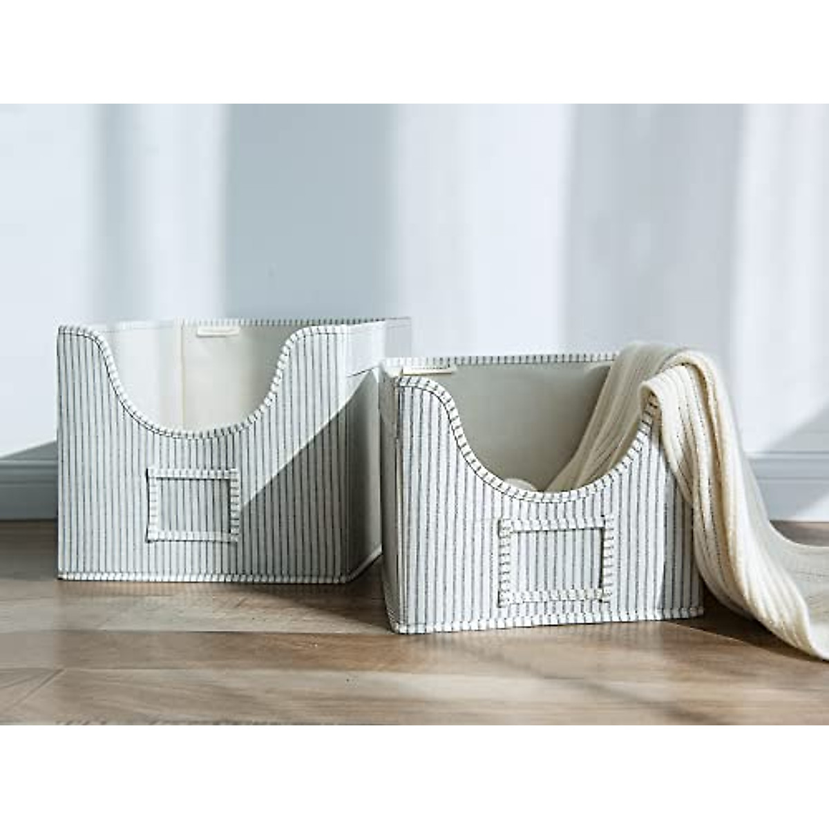 StorageWorks Closet Storage Bins, Open Front Cube Storage Bins with Cutout Window and 2 Handles, Foldable Fabric Clothes Organizer, Gray and White Stripes, 2-Pack