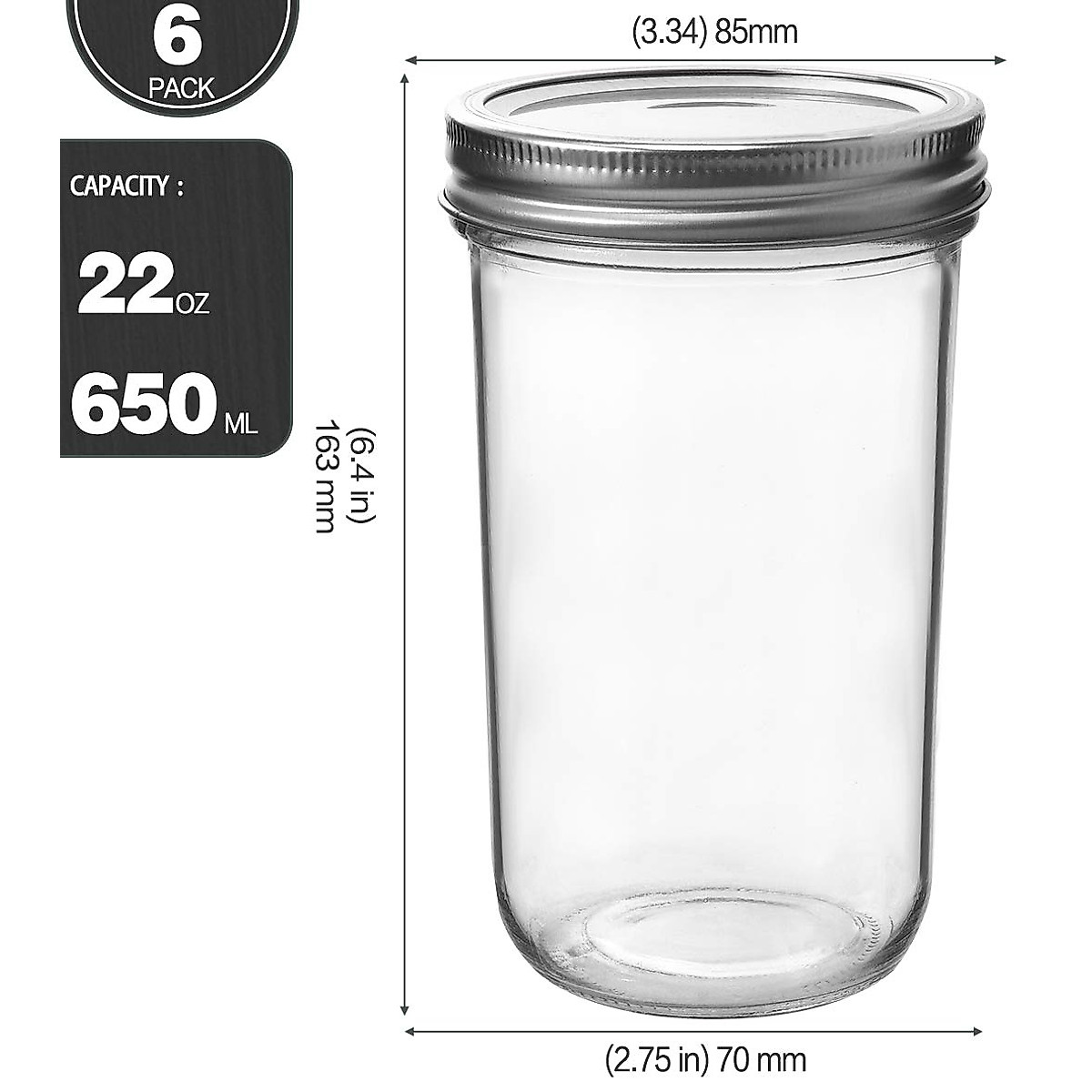 KAMOTA Wide Mouth Mason Jars 22 oz With Wide Mouth Lids and Bands, Ideal for Jam, Honey, Wedding Favors, Shower Favors, Baby Foods, 6 PACK, Extra 6 Silver Lids with Straw Hole Included…