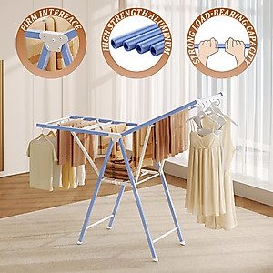 Peimscen Clothes Drying Rack,55 Inches Foldable Aviation Aluminum Alloy Drying Rack,Free-Standing Large Laundry Drying Rack Indoor Outdoor with Height-Adjustable Wings,Windproof Strips,Blue