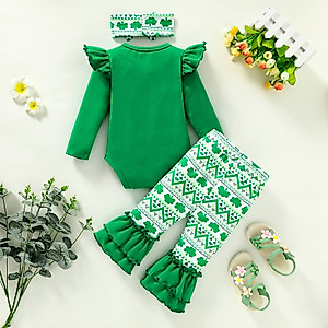 GRNSHTS Baby Girl My First St.Patrick's Day Clothes Long Sleeve Ruffle Romper Bell-Bottomed Pants Headband 3Pcs Clover Print Outfits（Green-C,0-3M