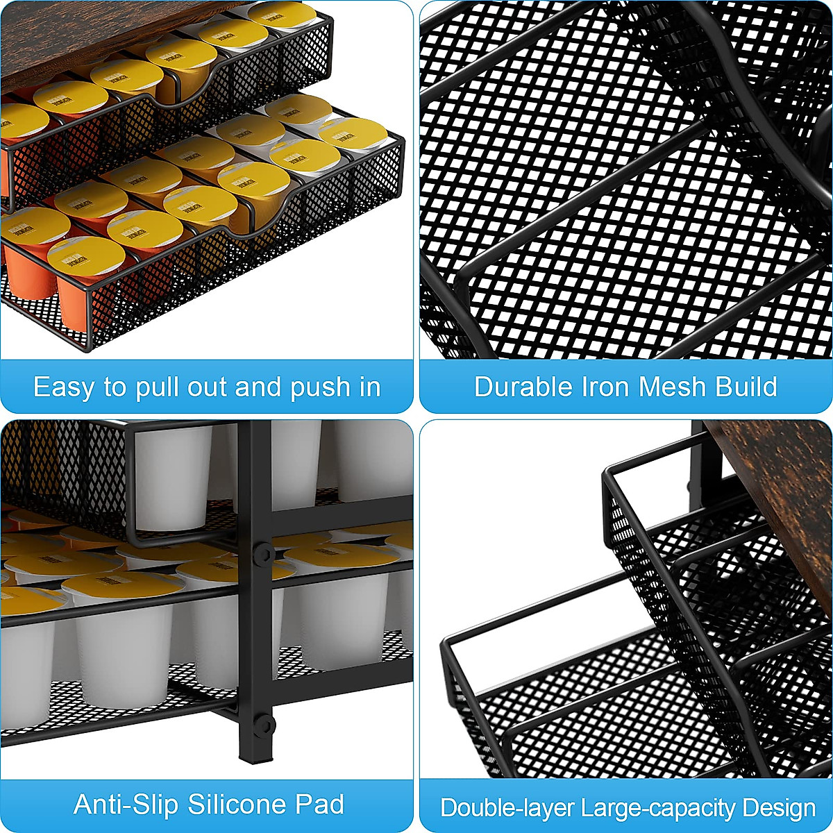 Coffee Pod Drawer Holder Capsule Storage Organizer 2 Tier Coffee Pods Holder With Sliding Baskets for 72 Capacity K Pod, Suit for Home Office Cafe Counter (Black)
