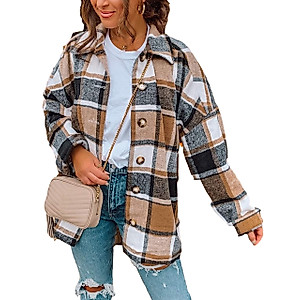 Yeokou Women's Fall Color Block Plaid Flannel Shacket Jacket Button Down Shirt Coat Tops(Khaki-S)