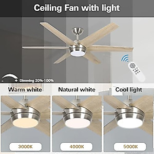 hykolity 54 inch Indoor Modern Ceiling Fan with Integrated LED Lights and Remote Control, 6 Blades, 6 Speed, Dimmable, 3CCT, Quiet Reversible Motor Ceiling Fan, Brushed Nickel