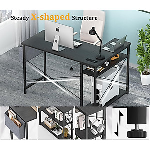 Mr IRONSTONE L Shaped Desk with Outlets & USB Ports, Reversible 47 Inch Office Desk, Corner Desk for Small Space, Home Office Desk with Storage Bag & Hook, Black