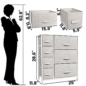CONNOO 7 Drawer Dresser Storage Tower, 4-Tier Vertical Organizer Unit Chest for Bedroom, Hallway, Entryway, Closet, Nursery, Sturdy Steel Frame, Wooden Top, Easy Pull Fabric Bins, Gray/White