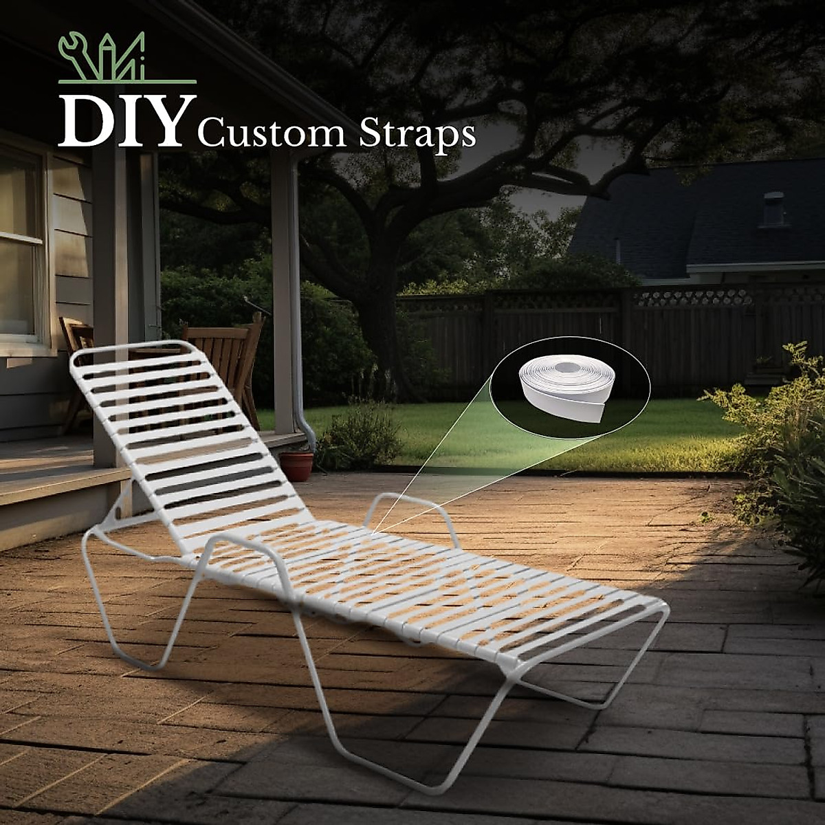 1.5" Wide x 45' Roll Vinyl Strap for Patio Chairs, Lawn Furniture, and Deck Chairs, Make Your Own Replacement Straps, Plus 50 Free Fasteners (201 White)