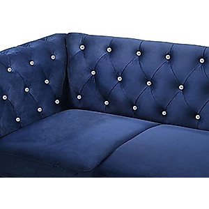 New Classic Furniture Glam Emma Velvet Three Seater Chesterfield Style Sofa for Small Spaces with Crystal Button Tufts, Royal Blue