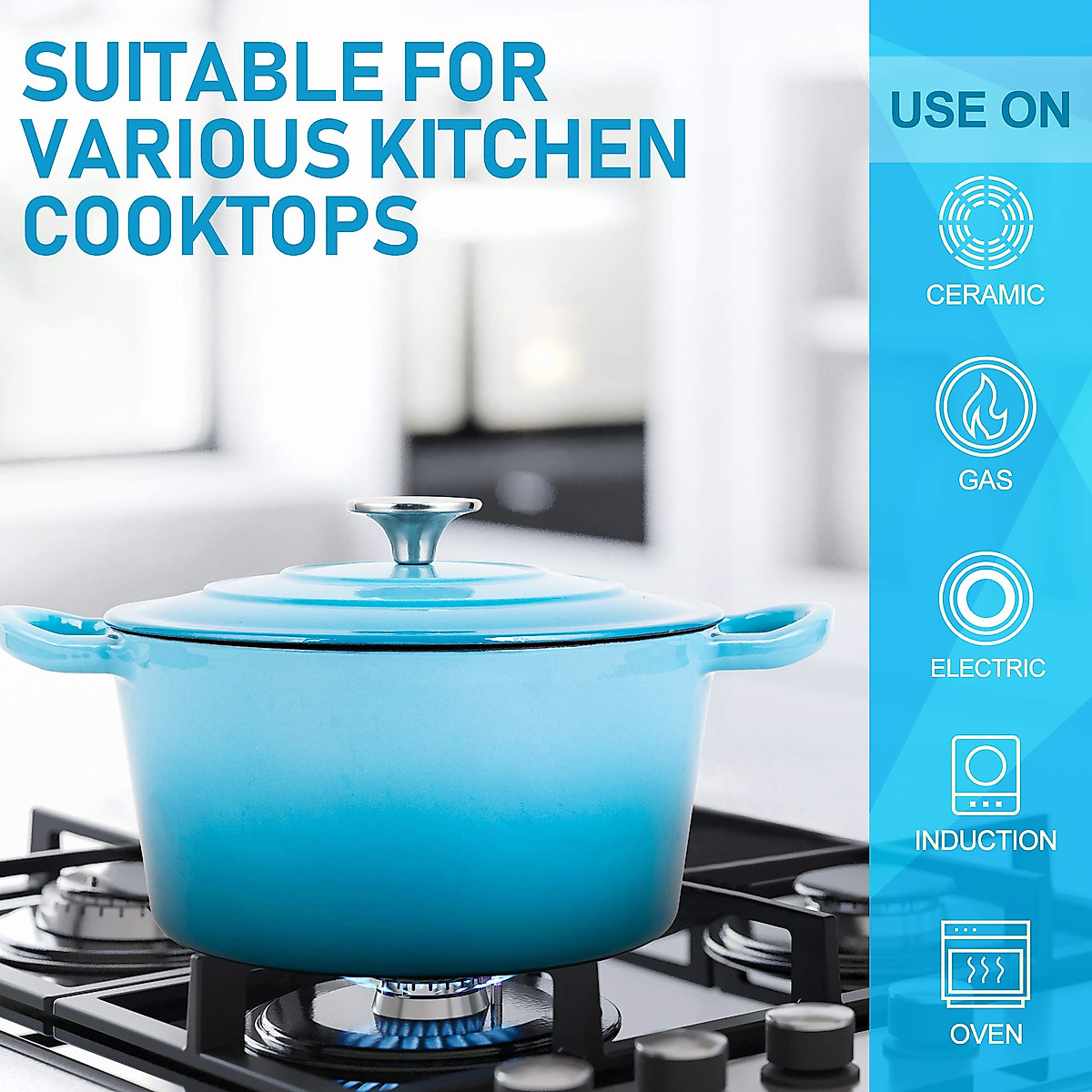 MICHELANGELO Dutch Oven, Cast Iron Dutch Oven 5 Quart, Dutch Oven Pot With Lid, Silicone Handles & Mat, 5 Quart Enamel Dutch Oven Blue