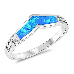 Blue Simulated Opal Greek Key Chevron Pointed V Ring Sterling Silver Band Size 8