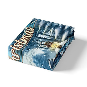 Manfei Christmas Duvet Cover,Snowy Trailer Truck Xmas Gifts Quilt Cover(No Filler),Winter Snowman Pine Trees Romantic Blue White Bedding Set with 2 Pillowcases,Teens Room Decor,Queen Size