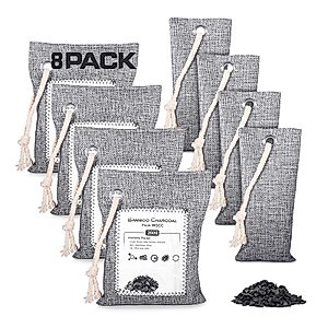 WGCC Bamboo Charcoal Air Purifying Bag 8 Pack, Activated Charcoal Bags Odor Absorber, Natural Car Air Freshener, Moisture Absorber for Closet, Shoe, Car, large Room, Pet Safe (4x75g, 4x200g)