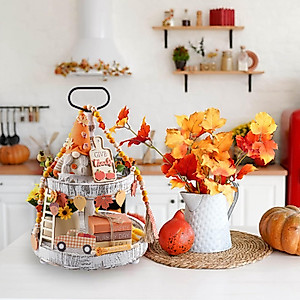 13 Pieces Fall Tiered Tray Decor Set Thanksgiving Pumpkin Tray Decor Faux Decorative Books Gnome Maple Leaves Truck Wooden Signs Rustic Farmhouse Fall Tabletop Decor for Autumn Thanksgiving