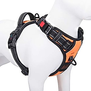 PHOEPET No Pull Dog Harness Medium Reflective Front Clip Vest with Handle,Adjustable 2 Metal Rings 3 Buckles,[Easy to Put on & Take Off](M, Orange)