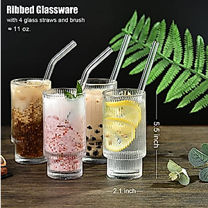 ALINK Ribbed Glassware Drinking Glasses with Straws Set of 4, Vintage Fluted Glassware Iced Coffee Cups, Origami Style Ridged Glass Tumbler for Coocktail, Whiskey, Beer, Water- 2 Cleaning Brush