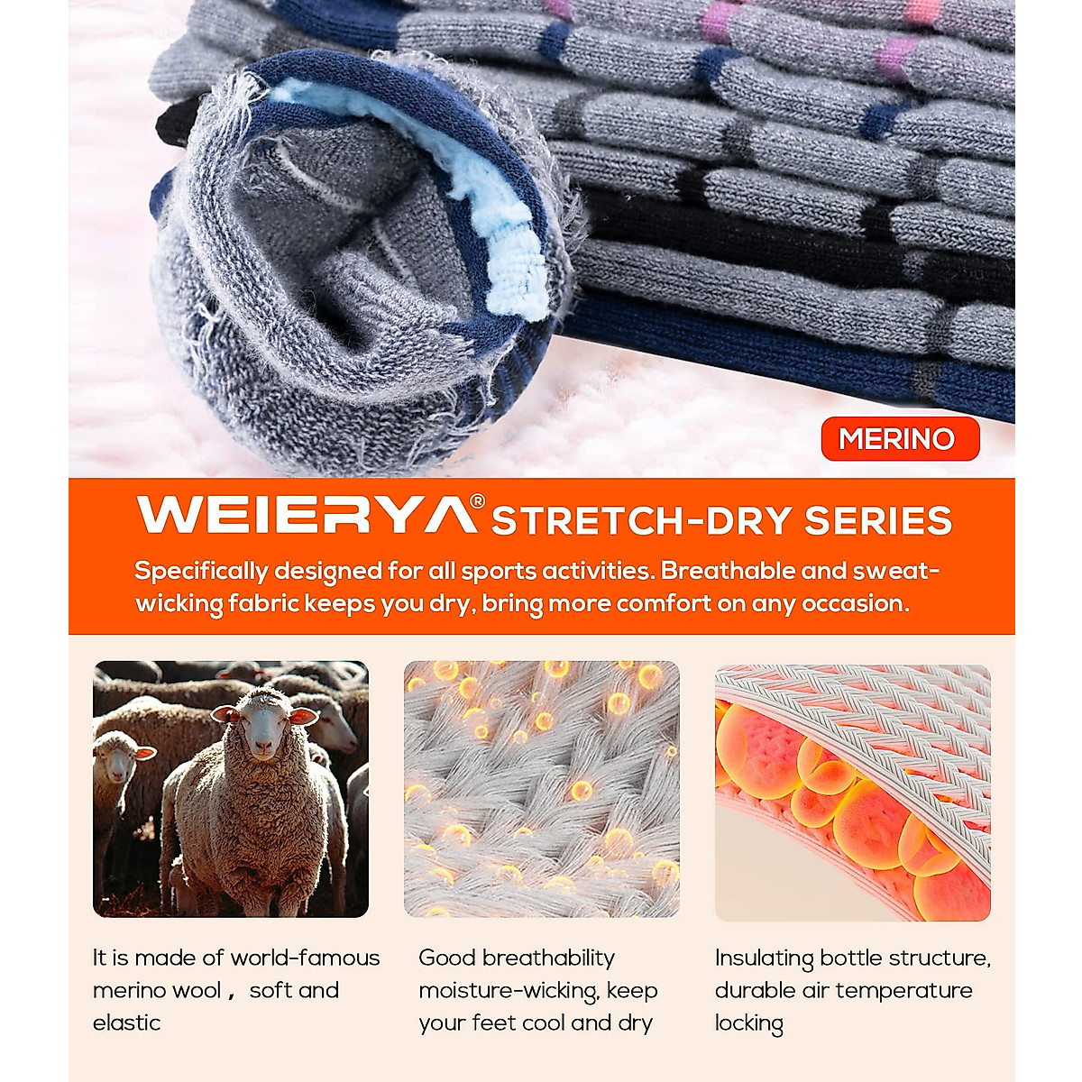 WEIERYA Ski Socks 2 Pairs Pack for Skiing, Snowboarding, Outdoor Sports Performance Socks Blue L 2 Pairs