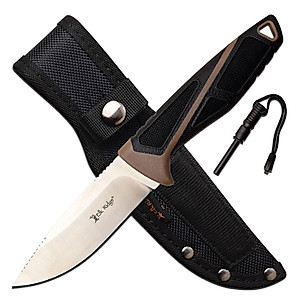 Elk Ridge - Outdoors Fixed Blade Knife - Satin Finish Stainless Steel Blade, Black/Brown Nylon Fiber Handle w/Rubber - Nylon Sheath, Fire Starter - Hunting, Camping, Survival - ER-200-23BR