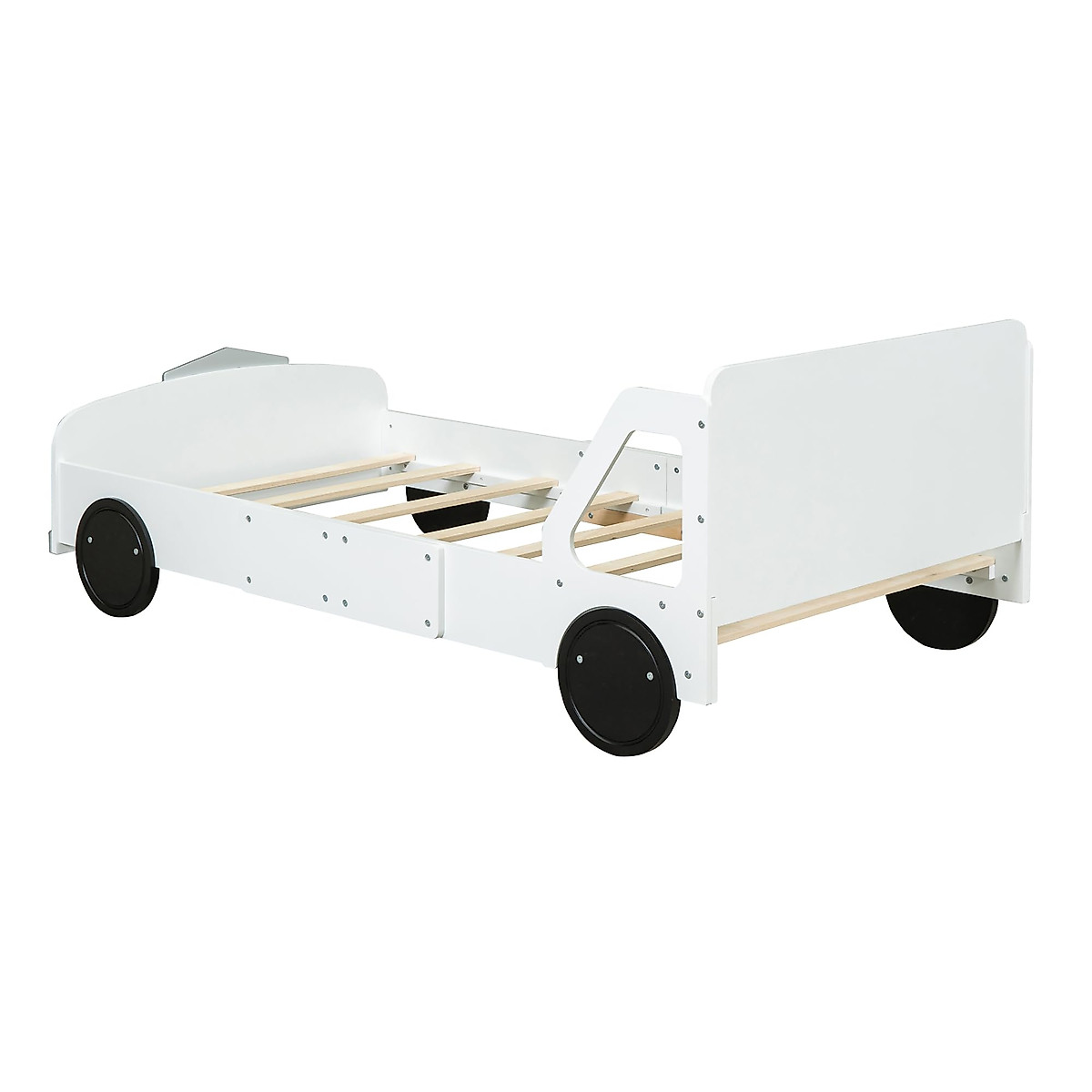 MiHunnor Kids Race Car Bed, Full Size Car-Shaped Platform Bed with Wheels, Wooden Low Platform Bed with Sturdy Slat Support for Boys Girls, No Box Spring Needed (White-002)