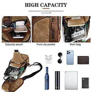 Handadsume Water Resistant Canvas + Leather Hiking Travel DayPack Sling Crossbody Triangle Chest Pack Bag For Men Women FB8013 (X-8015-Khaki)