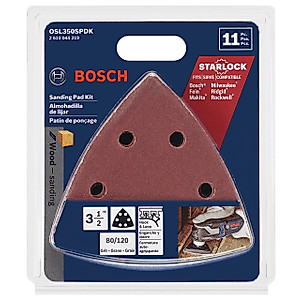 BOSCH OSL350SPDK 11-Piece 3-1/2 In. Starlock Oscillating Multi Tool 80 & 120 Grit Hook-and-Loop Delta Sanding Pad Assorted Kit for Multipurpose Sanding Applications in Plywood, Hardwoods, Softwoods