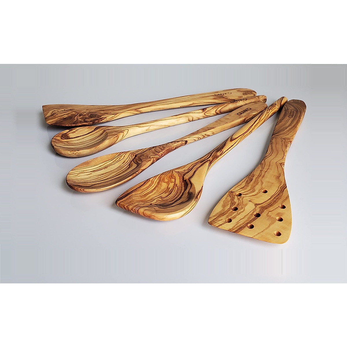 OLIVIKO Handmade Olive Wood Holder+ Utensils Kit of 5 Utensils Holder+ 2 Spatula + 3 Spoon 100% Olive Wood