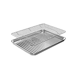 N&S Stainless Steel Baking Pan with Rack, Cookie Sheet with Cooling Rack,Baking Tray For Oven,Nonstick Baking Sheet Warp Resistant & Heavy Duty & Rust Free (M), Silver (BK252)