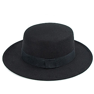 Wide Brim Wool Felt Flat Top Fedora Hat for Women and Men Pork Pie Hat Felt Boater Party Church Trilby Hats Black