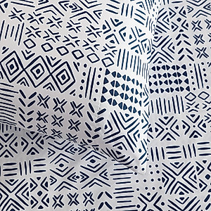 Indigo Ink - Full Size Sheet Set, 4-Piece Boho Geometric Patterned Bedding, Soft & Wrinkle Resistant (White Denim Collection, Navy Blue)