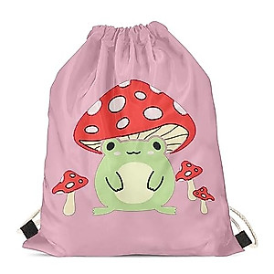 WELLFLYHOM Mushroom Frog Girls Cinch Bag Drawstring Backpack Purse for Kids Gym Sport String Sack Beach Swim Bag Cute Stuff Sack Travel Shoulder Handbag for Women Teens Gifts