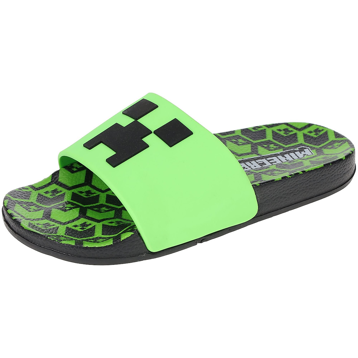 Minecraft Boys' Sport Slide Sandals, Indoor Outdoor Pool Slide, Black/Green, Size 12/13 Little Kid