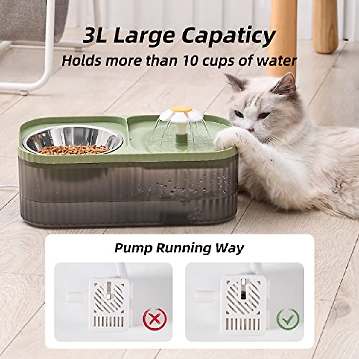 JEERAMIA Cat Water Fountain and Food Bowl, 3L/101oz Ultra Quiet Pet Water Dispenser with Smart Pump and 3 Replacement Filters, Automatic Flower Fountain & Stainless Steel Bowl (Black & Green)