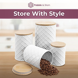 Pebble & Stem White Metal Canister Sets for Kitchen Counter, Kitchen Canisters Set of 4, Airtight Countertop Flour and Sugar Containers, Coffee and Tea Storage, Modern Farmhouse Kitchen Decor