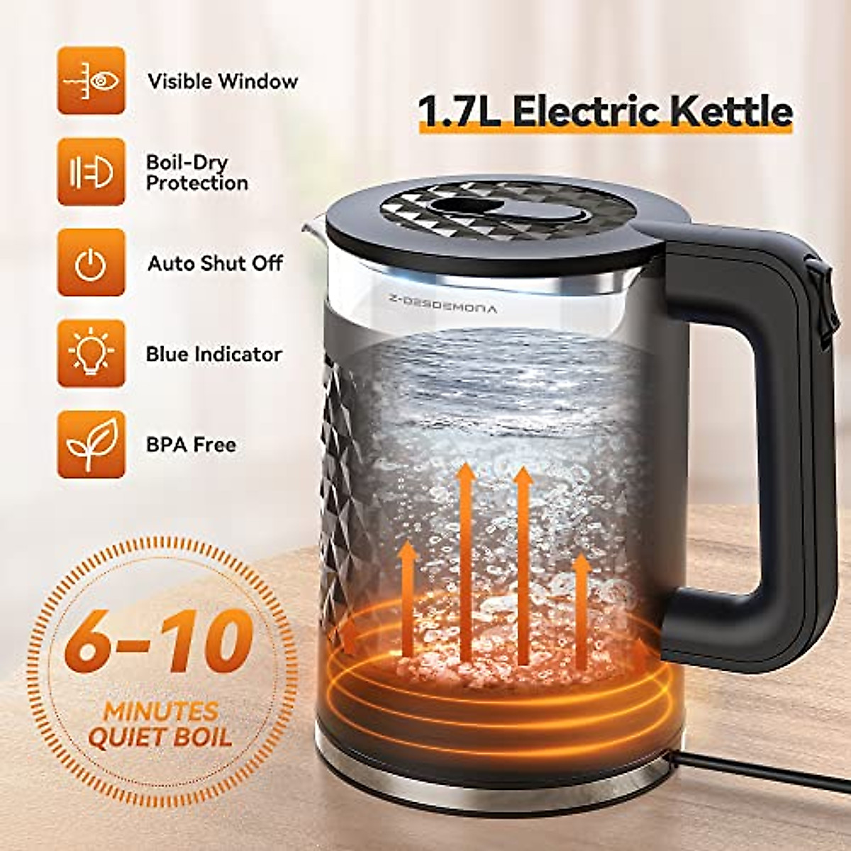 Electric Kettle, 1.7L Hot Water Kettles Upgraded One Wipe Clean Bottom, Quiet Water Boiler with LED Indicator, Glass Tea Kettles for Boiling Water, Auto Shut-Off & Boil-Dry Protection, Black