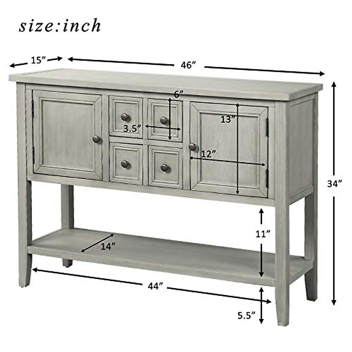 P PURLOVE Console Table Buffet Sideboard Sofa Table with Storage Drawers Cabinets and Bottom Shelf (Gray)