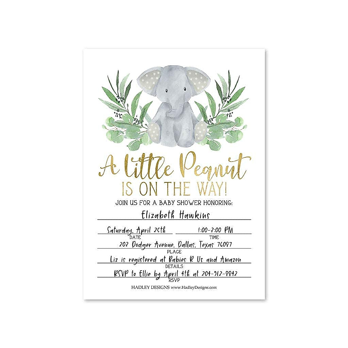 Hadley Designs 25 Elephant Greenery Invitations, 25 Books Request Cards, Sprinkle Invite, Bring A Book Instead Of A Card, Guest Book Alternative, Invitation Inserts for Baby Shower