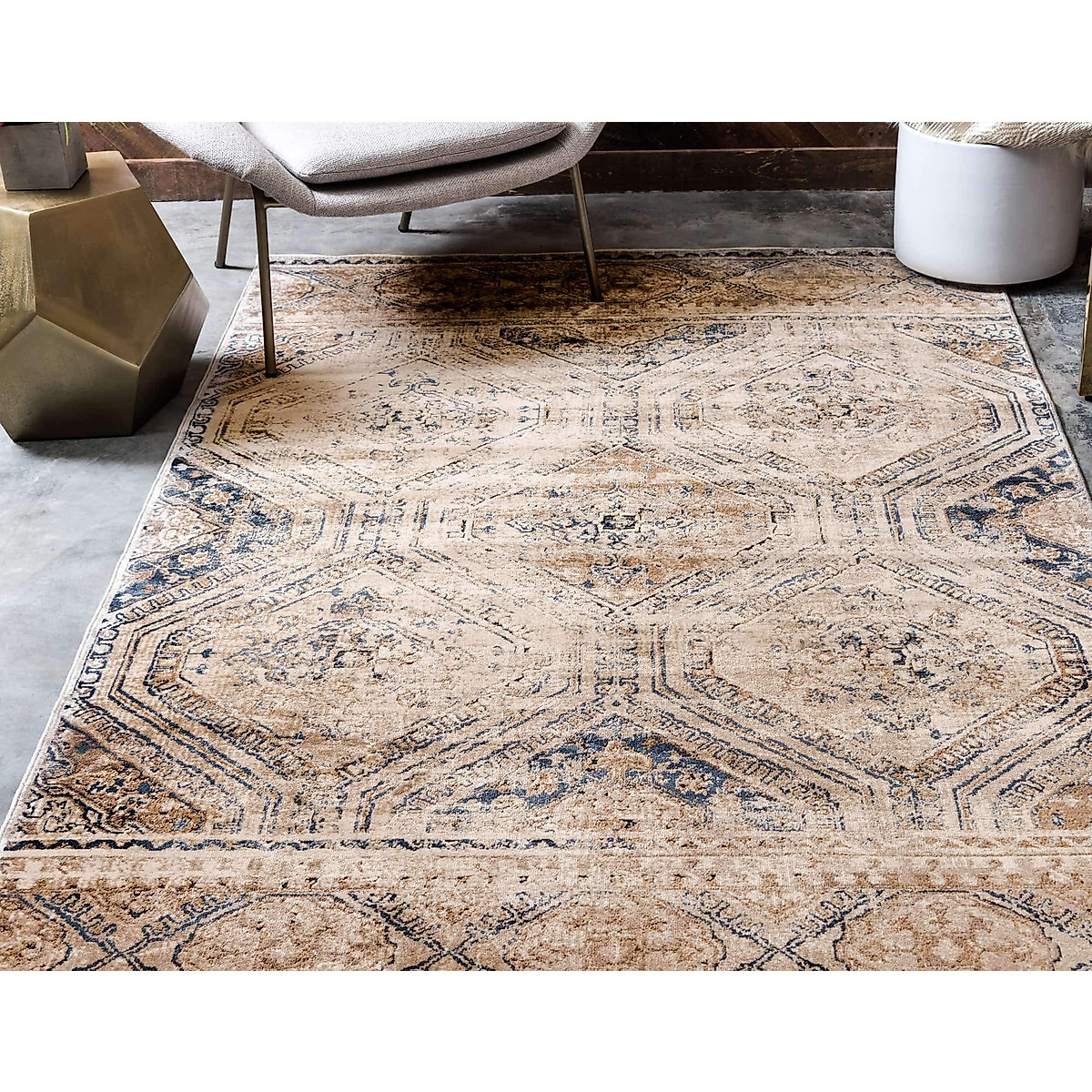 Unique Loom Chateau Collection Geometric, Vintage, Textured, Distressed, Traditional Area Rug, 5' 0" x 8' 0", Beige/Navy Blue