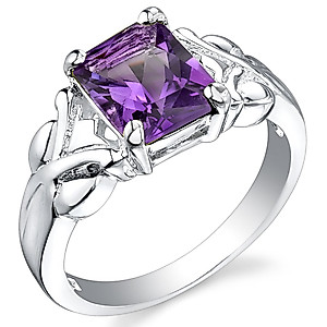 PEORA Amethyst Ring for Women 925 Sterling Silver, Designer Criss-Cross Solitaire, Natural Gemstone Birthstone, 2 Carats Radiant Cut 9x7mm, Comfort Fit, Size 6
