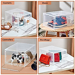 Drop Front Shoe Box,Set of 8 , Stackable Plastic Shoe Box with Clear Door, As Shoe Storage Box and Shoe Containers for Sneaker Display,Clear Shoe organizer and cases with lids， Fit up to US Size 12(13.4”x 9.8”x 7.1”)Clear